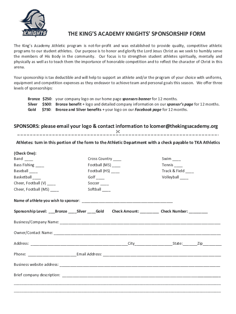 Fillable Online THE KING'S ACADEMY KNIGHT'S SPONSORSHIP FORM Fax Email Print - pdfFiller