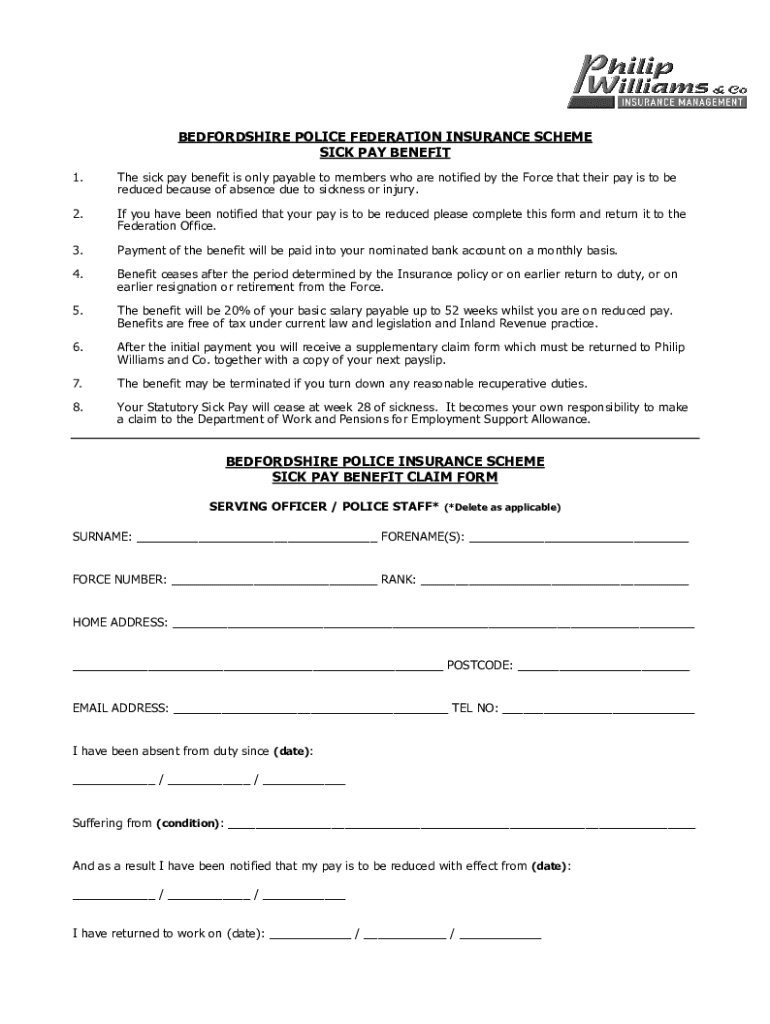 Fillable Online beds polfed Initial Sick Pay Claim form - Jan 22 Fax ...