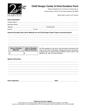 Fillable Online Child Hunger Center In-Kind Donation Form - Second ...