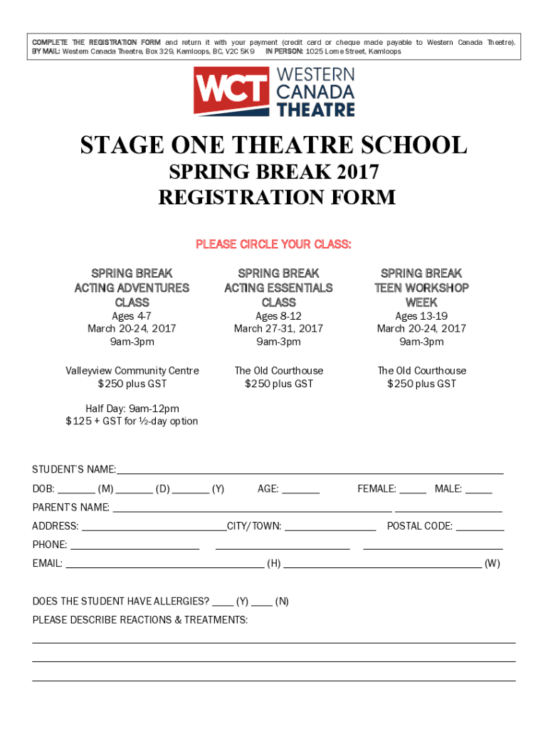 Fillable Online stage one theatre school - winter 2022 registration form Fax Email Print - pdfFiller