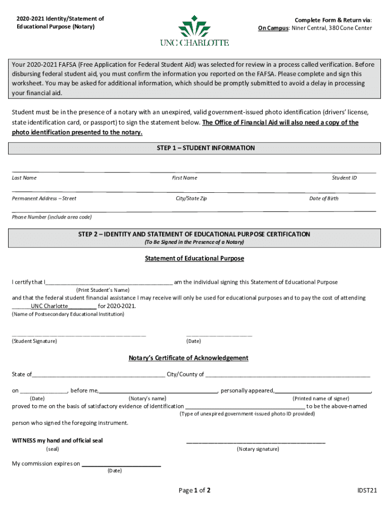Fillable Online 2020-2021 Identity/Statement of Educational Purpose ...