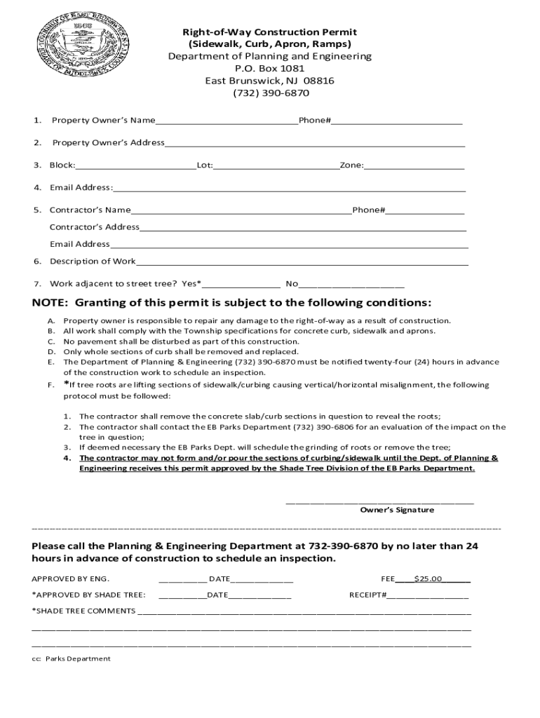 Fillable Online Right-of-Way Construction Permit (Sidewalk, Curb, Apron ...
