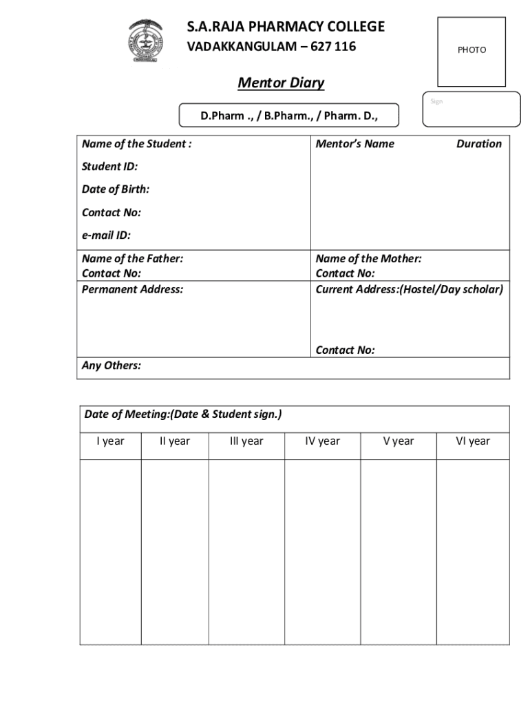 Fillable Online S.A.RAJA PHARMACY COLLEGE Mentor Diary Fax Email Print - pdfFiller