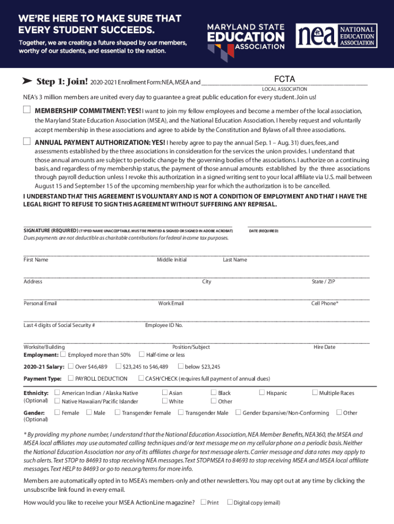 Fillable Online Step 1: Join! 2020-2021 Enrollment Form: NEA, MSEA and ...