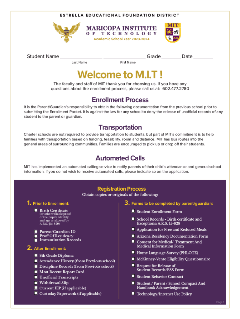 Fillable Online MIT ENROLLMENT PACKET - Maricopa Institute of ...