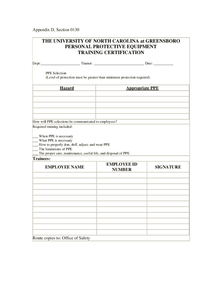 Fillable Online safety uncg Appendix 1. Personal Protective Equipment ...