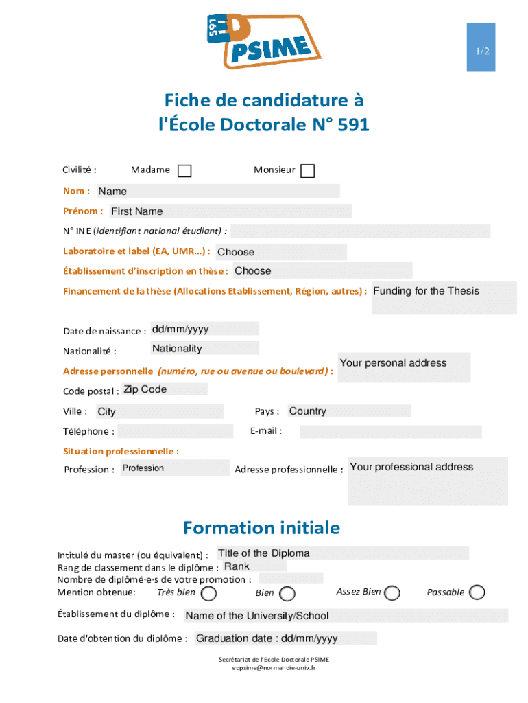Remplissable En Ligne Fiche de candidature Fax Email Imprimer - pdfFiller