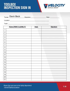 Fillable Online TOOLBOX INSPECTION SIGN IN - Velocity Vehicle Group Fax ...