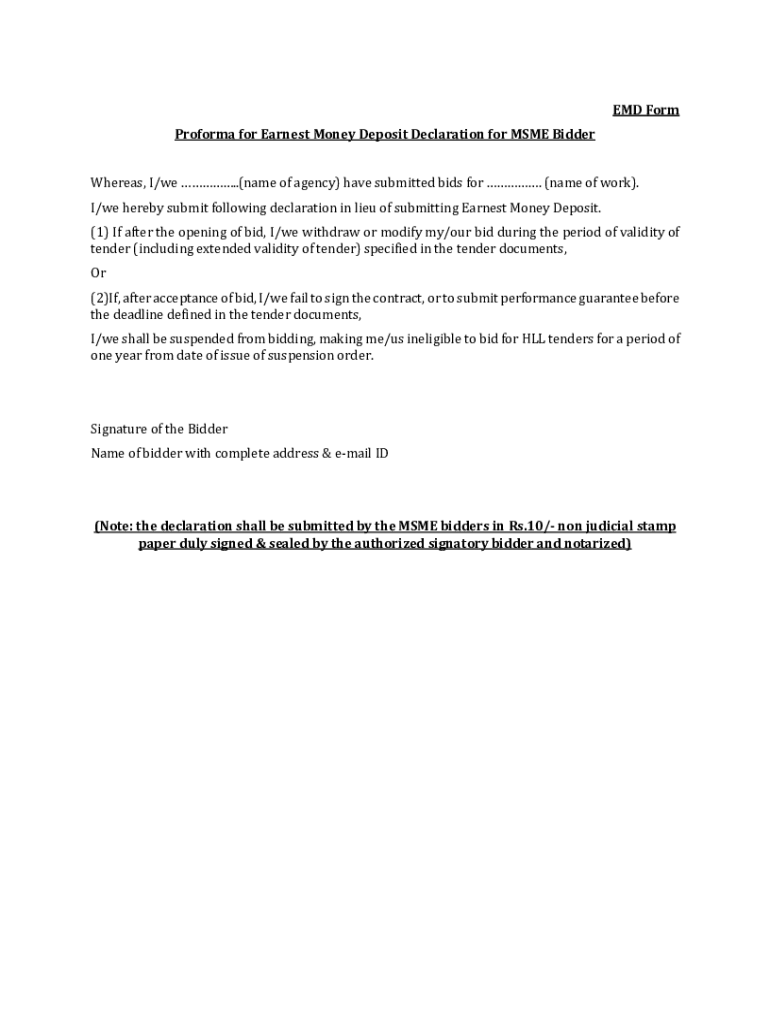 Fillable Online EMD Form Proforma for Earnest Money Deposit Declaration ...