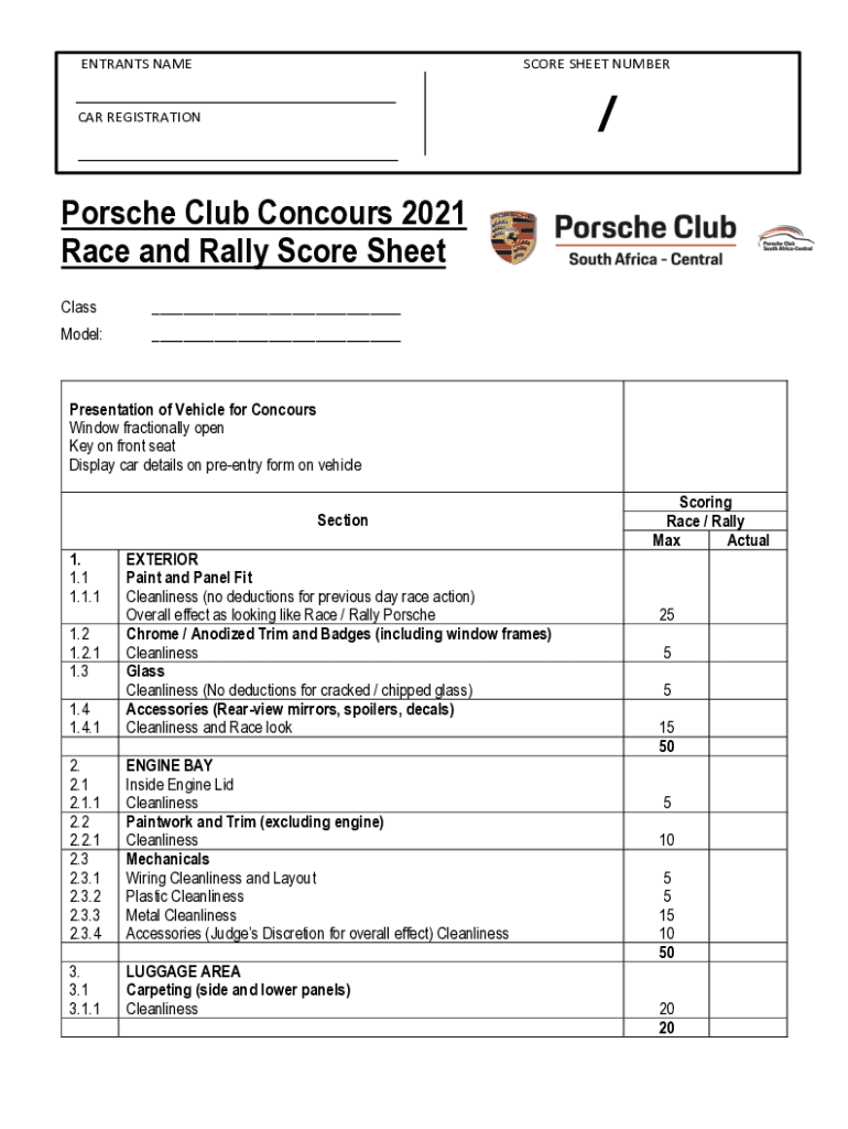 Fillable Online Porsche Club Concours 2021 Race and Rally Score Sheet ...