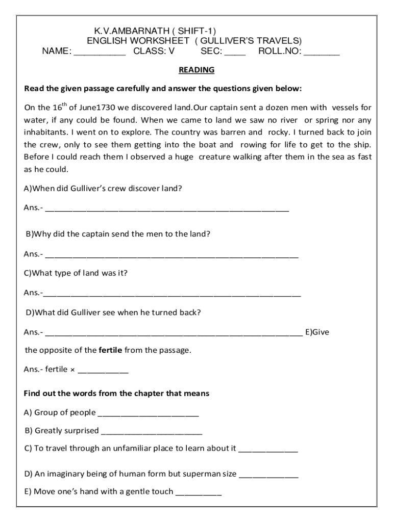 Fillable Online Worksheets English I-V - K.V.No 1 CALICUT- PRT Fax Email Print - pdfFiller