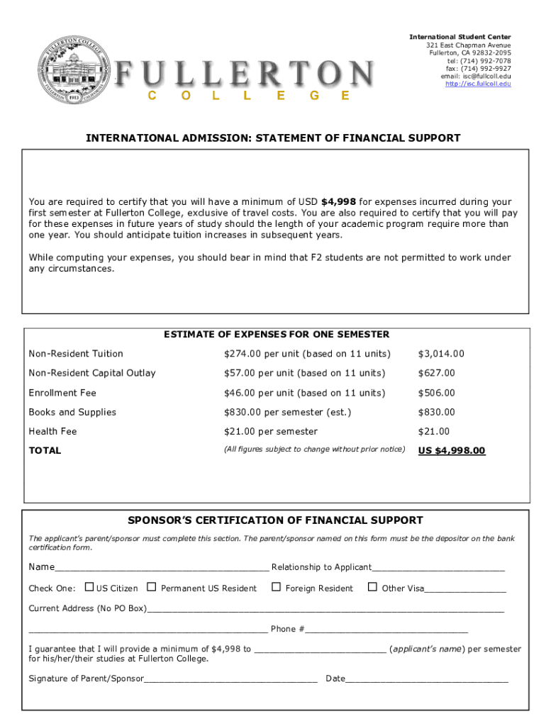 Fillable Online isc fullcoll STATEMENT OF FINANCIAL SUPPORT SPONSOR'S ...