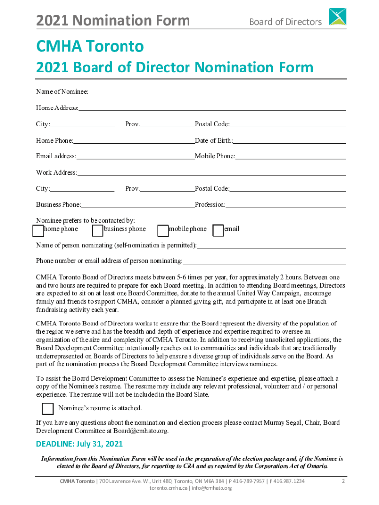 Fillable Online Board of Directors Nomination Form Please attach a copy of ... Fax Email Print ...