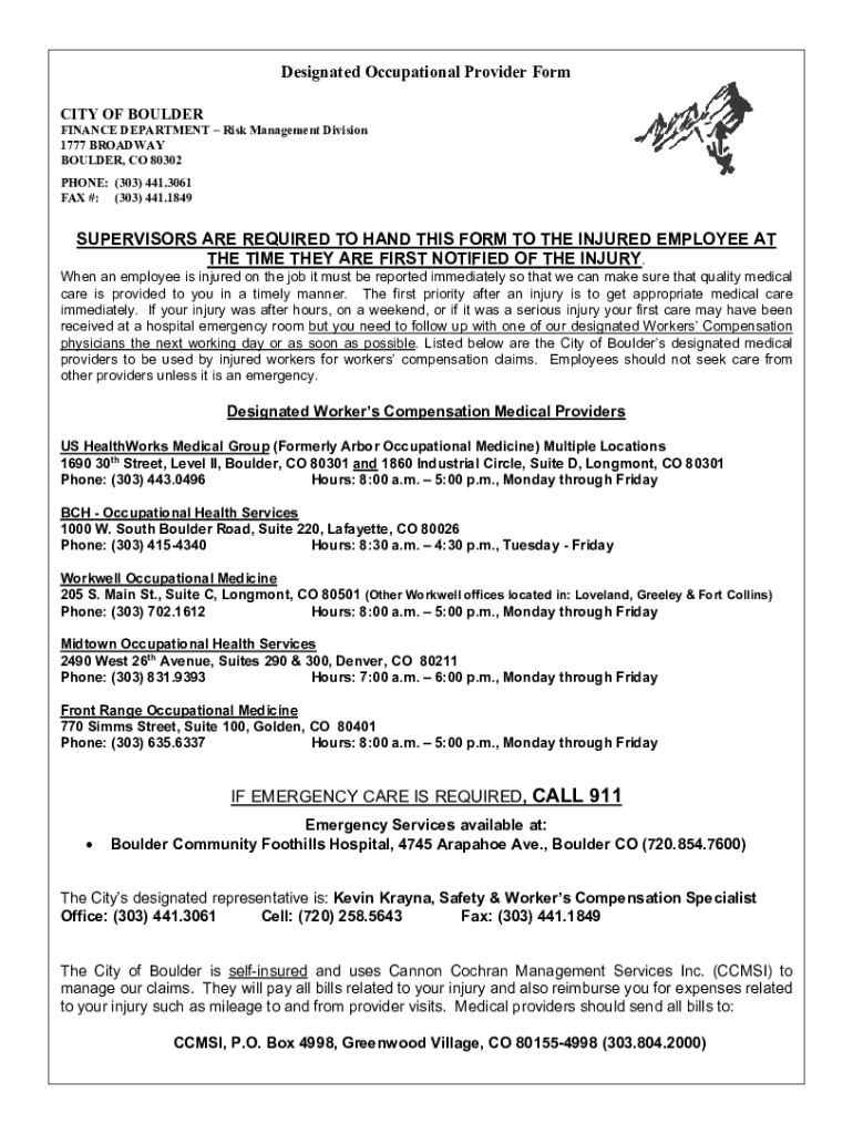 Fillable Online Designated Occupational Provider Form - City of Boulder ...