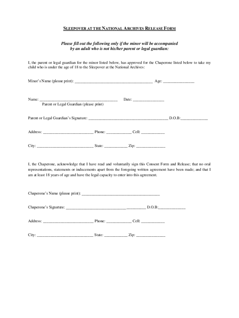 Fillable Online Sleepover at the National Archives Consent Form and ...