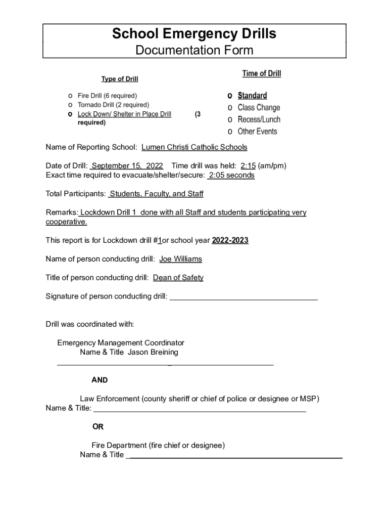 Fillable Online 11.3.21 emergency drill form - Jackson Catholic Schools Fax Email Print - pdfFiller