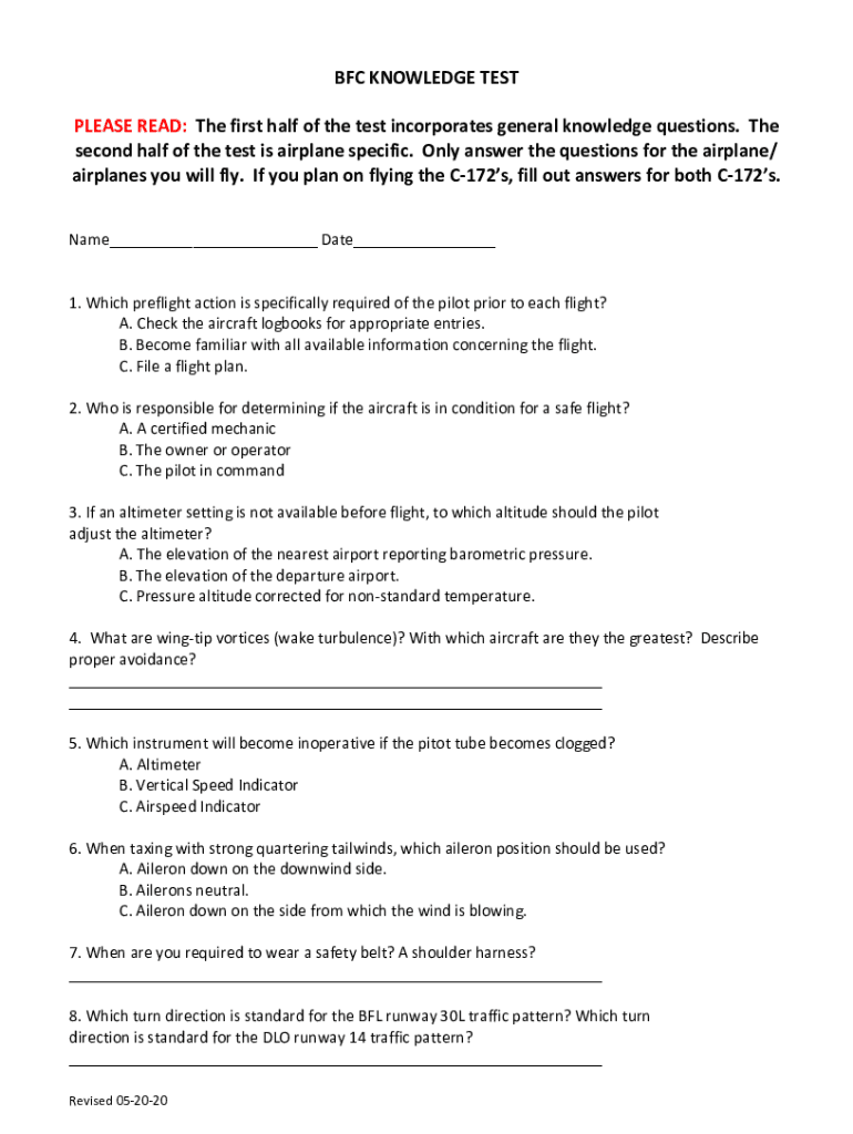 Fillable Online Sample Airman Knowledge Test QuestionsFederal Aviation ...