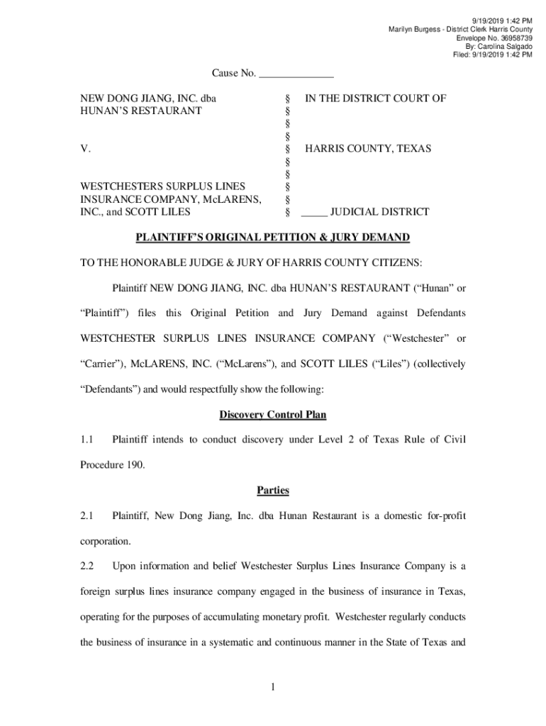 Fillable Online 1255548 Plf Original Petition and Jury Demand Fax Email ...