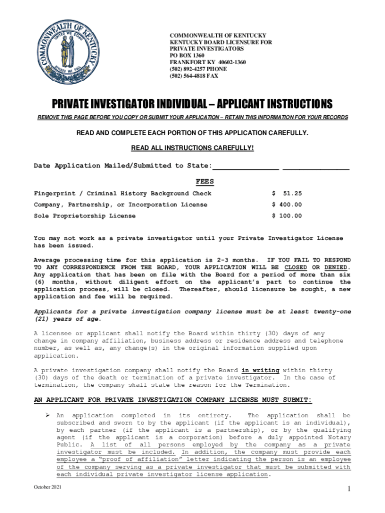 Fillable Online kpi ky Private Investigator Individual Application Fax ...