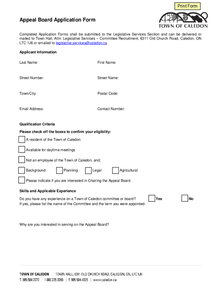 Fillable Online Appeal Board Application Form - Town of Caledon Fax ...