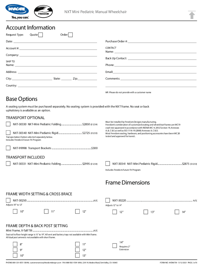 Fillable Online NXT Pediatric Manual Wheelchair - Freedom Designs, Inc ...