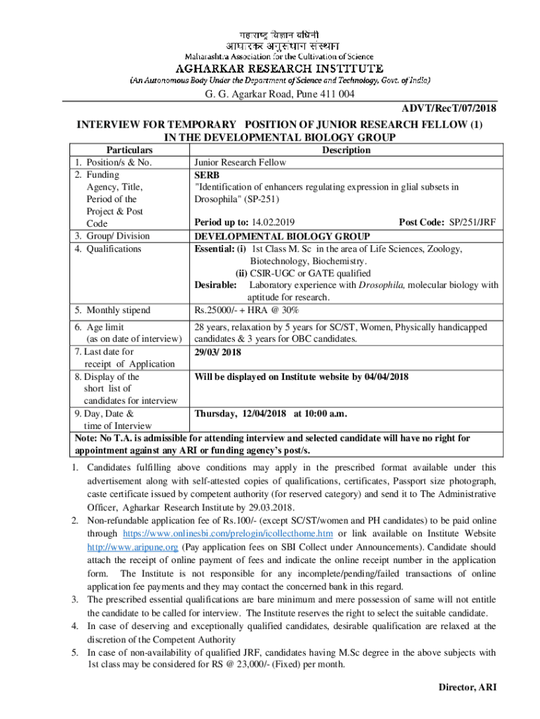 Fillable Online JRF Position under DBT sponsored Project in ...