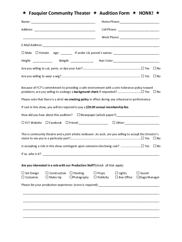 Fillable Online Fauquier Community Theatre Audition Form Fax Email ...