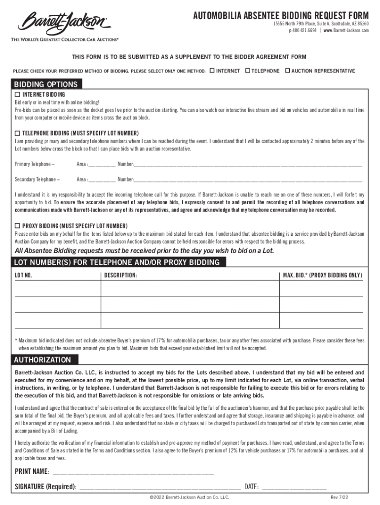 Fillable Online AUTOMOBILIA ABSENTEE BIDDING REQUEST FORM Fax Email Print - pdfFiller