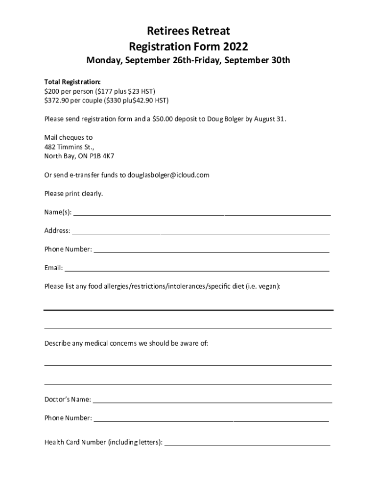 Fillable Online Retirees Retreat Registration Form 2022 - Community of ...