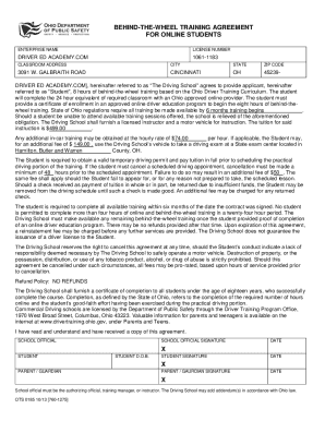 Fillable Online behind-the-wheel training agreement for online students ...