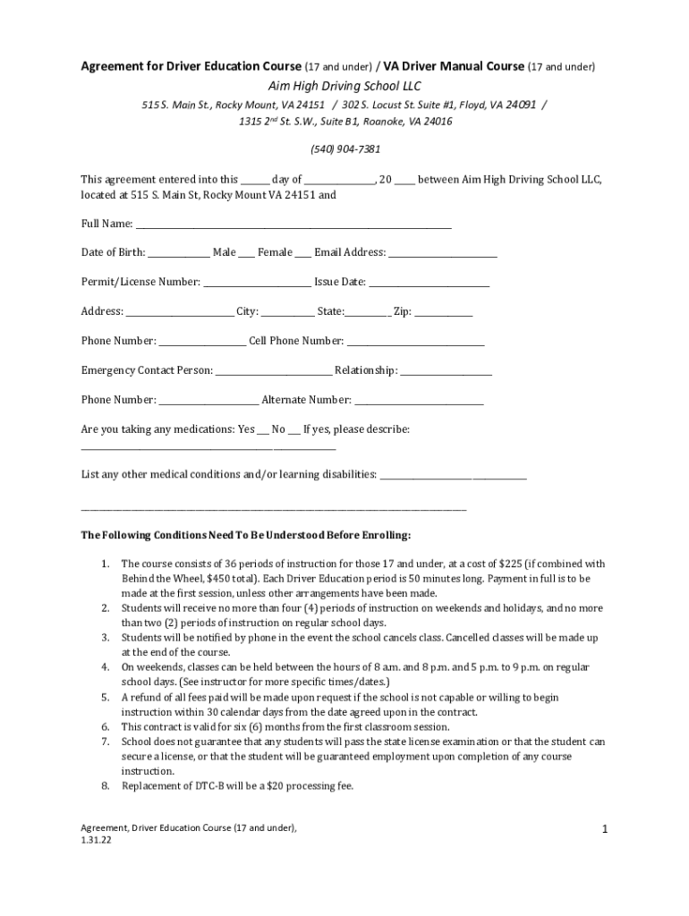 Fillable Online Agreement for Driver Education Course (17 and under ...