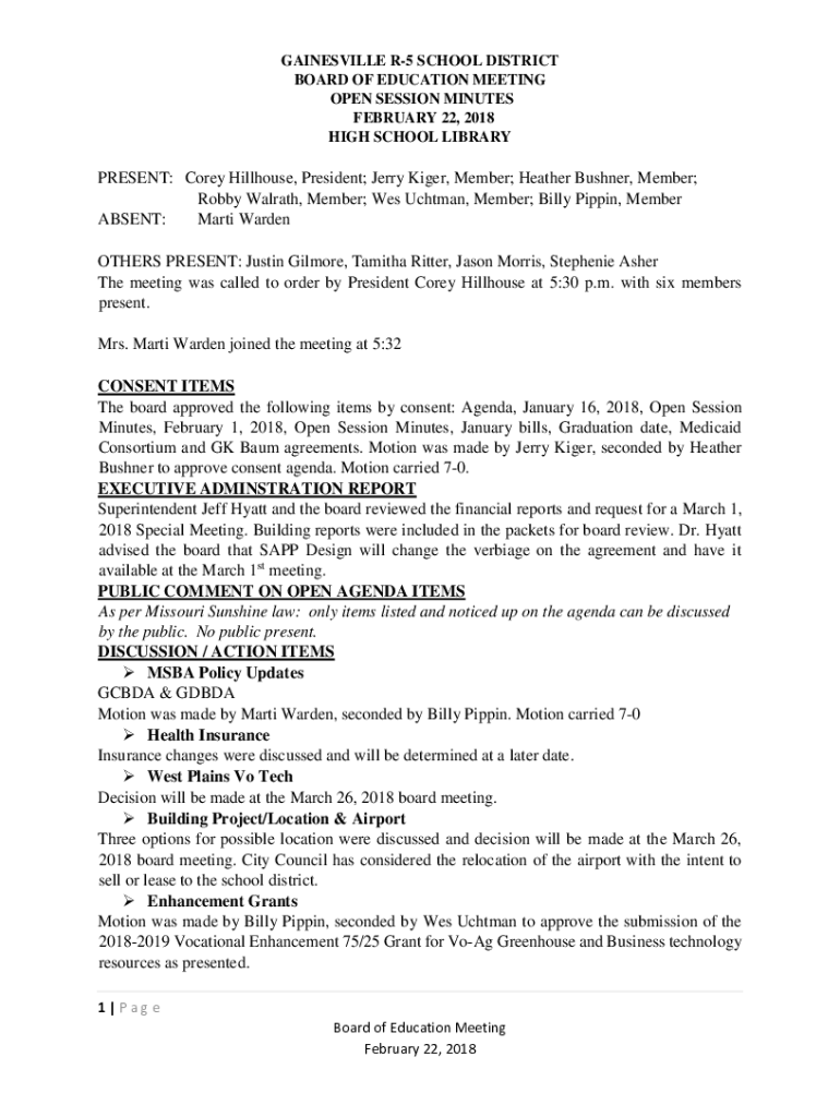 Fillable Online PRESENT: Corey Hillhouse, President; Jerry Kiger ...