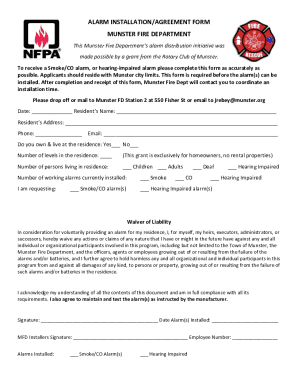 Fillable Online ALARM INSTALLATION/AGREEMENT FORM MUNSTER FIRE ... Fax ...