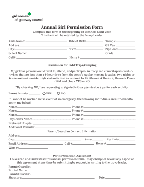 Fillable Online Annual Girl Permission Form - Girl Scouts of Gateway Council Fax Email Print ...