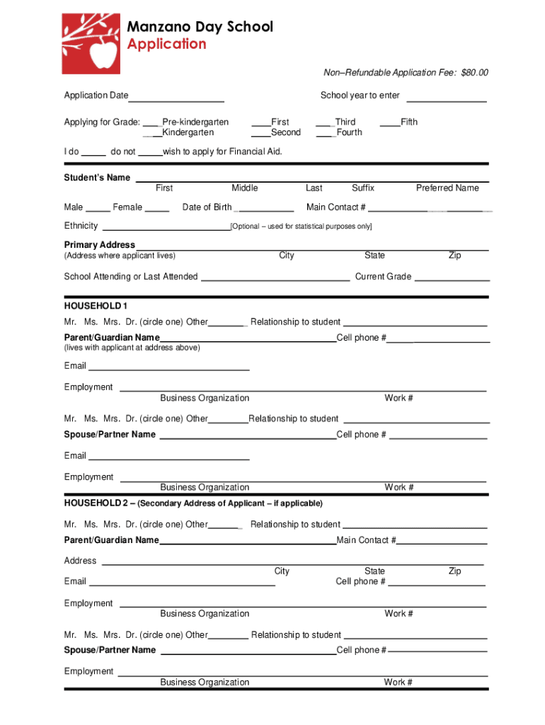 Fillable Online NonRefundable Application Fee: $75 - Manzano Day School ...