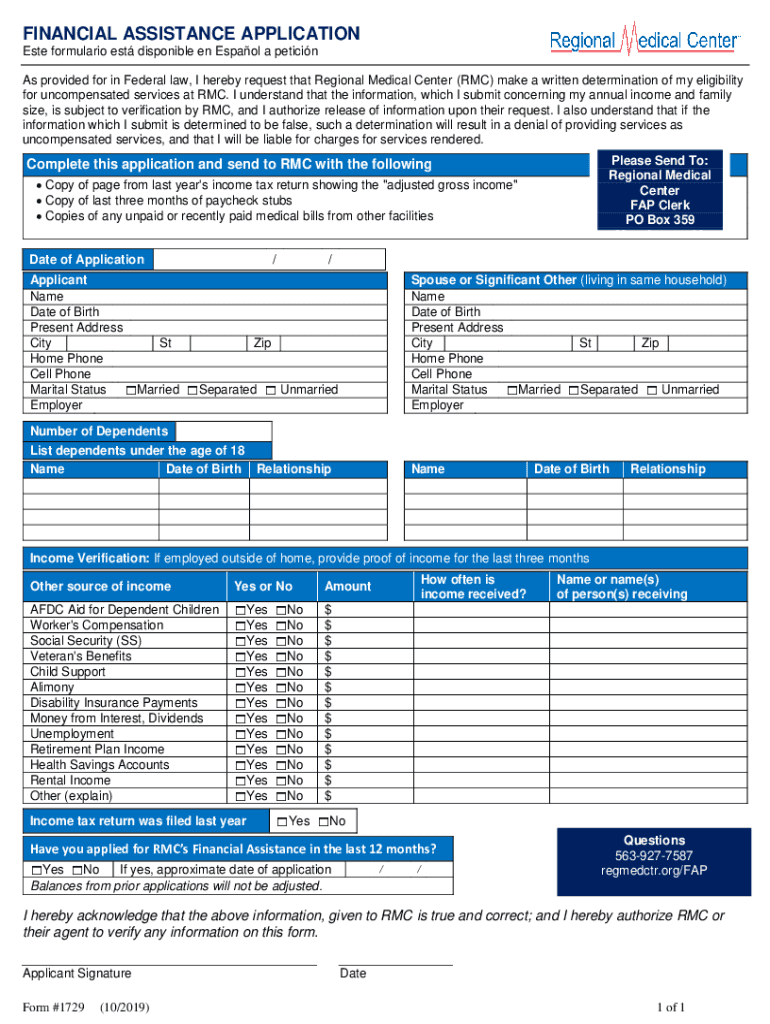 Fillable Online Financial Assistance Application - 1. Patient ...