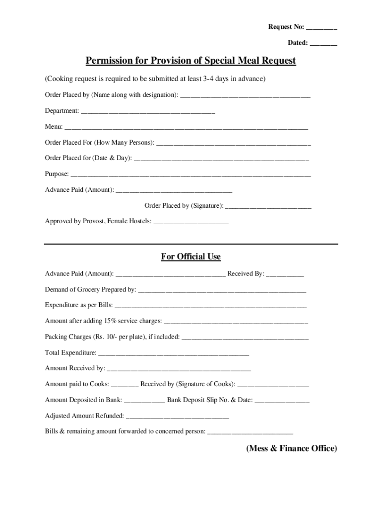 Fillable Online Request for Approval of Special Meal Form (AS499) Fax ...