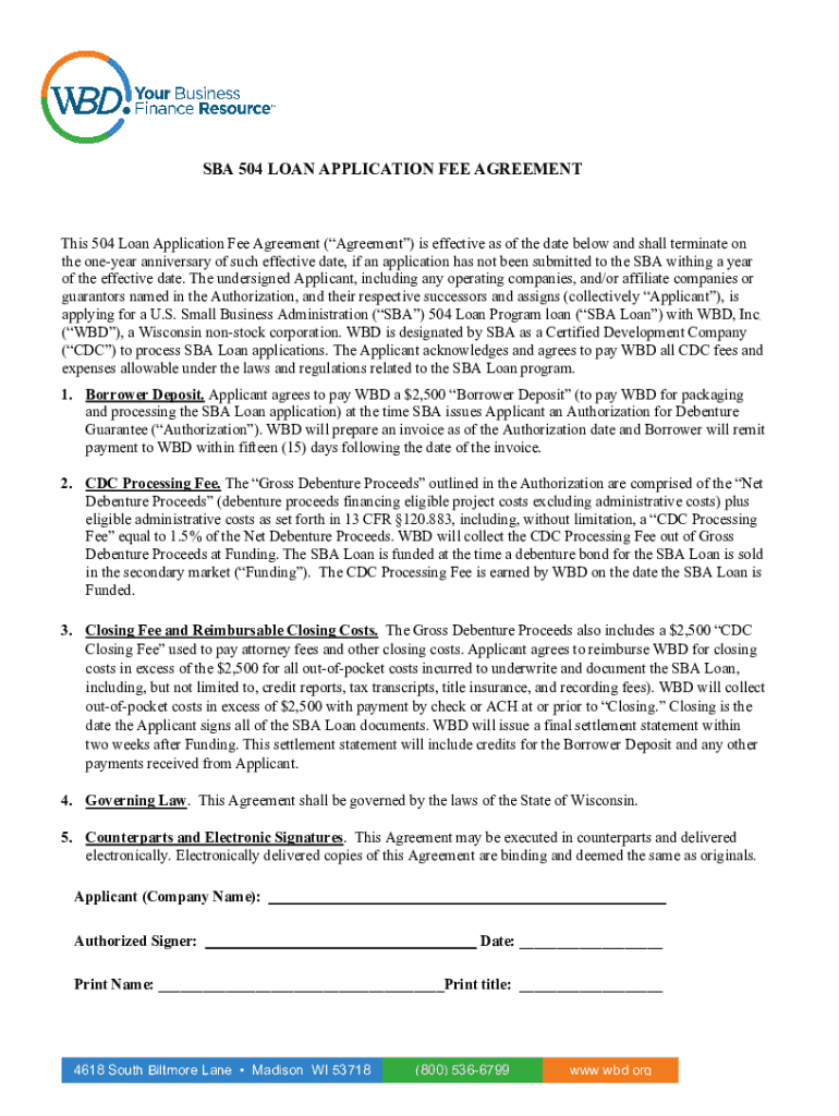 Fillable Online sba 504 loan application fee agreement - WBD.org Fax ...