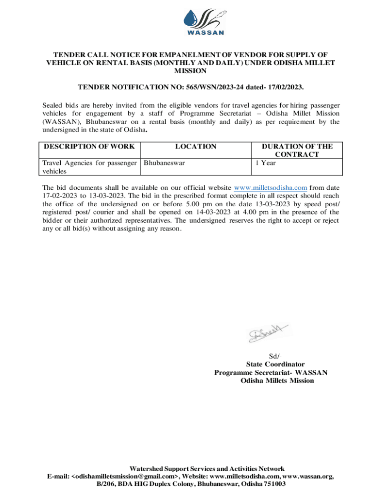 Fillable Online Tender Call Notice for Hiring of Vehicles Fax Email Print - pdfFiller