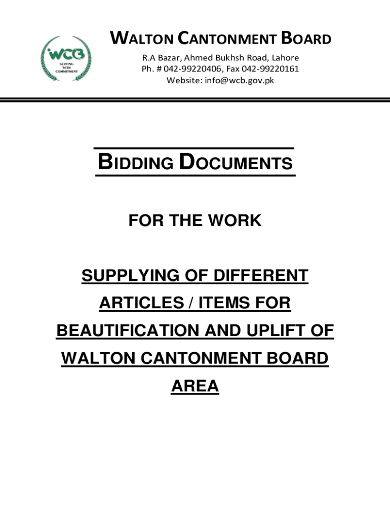 Fillable Online wcb gov Walton Cantonment Board Lahore Tender Notice ...