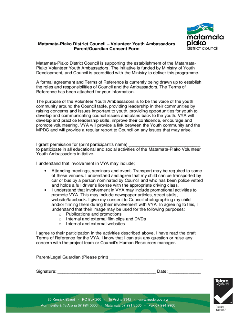 Fillable Online Volunteer Youth Ambassadors Parent/Guardian Consent ...