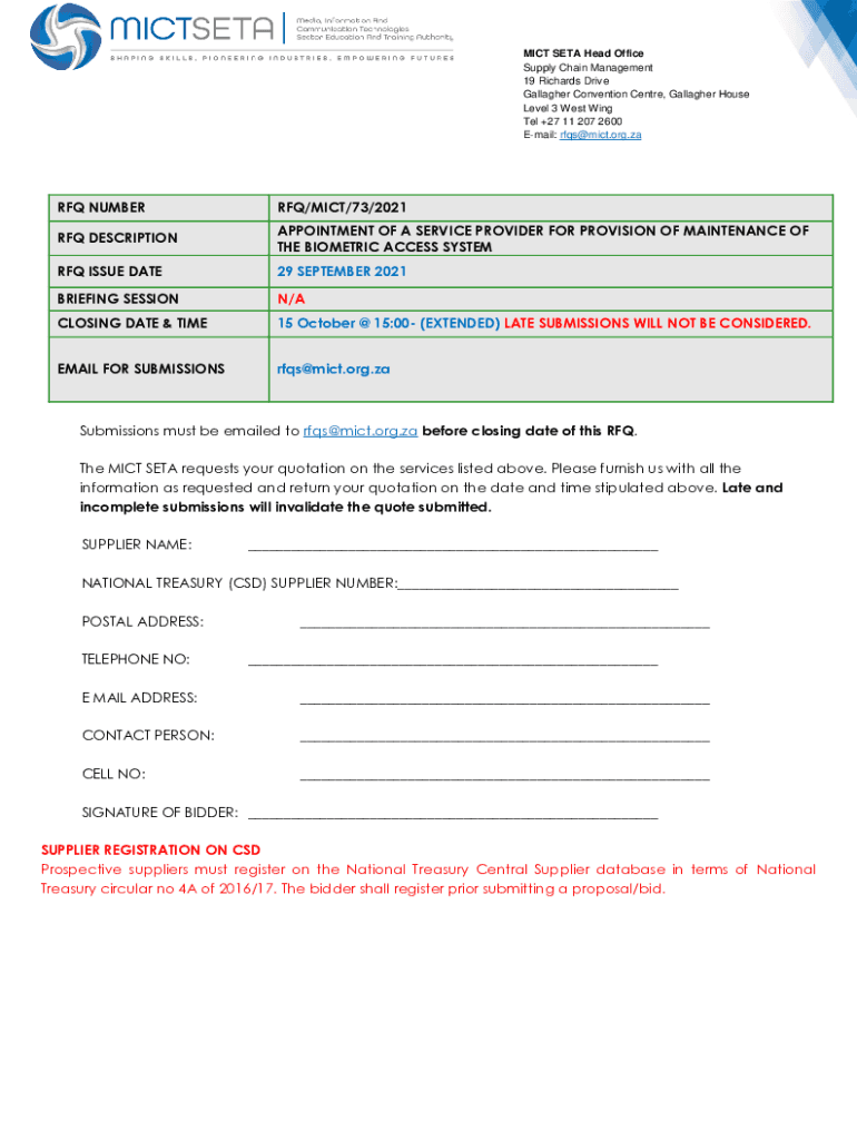Fillable Online For queries, please contact rfqsmict.org.za before the ...