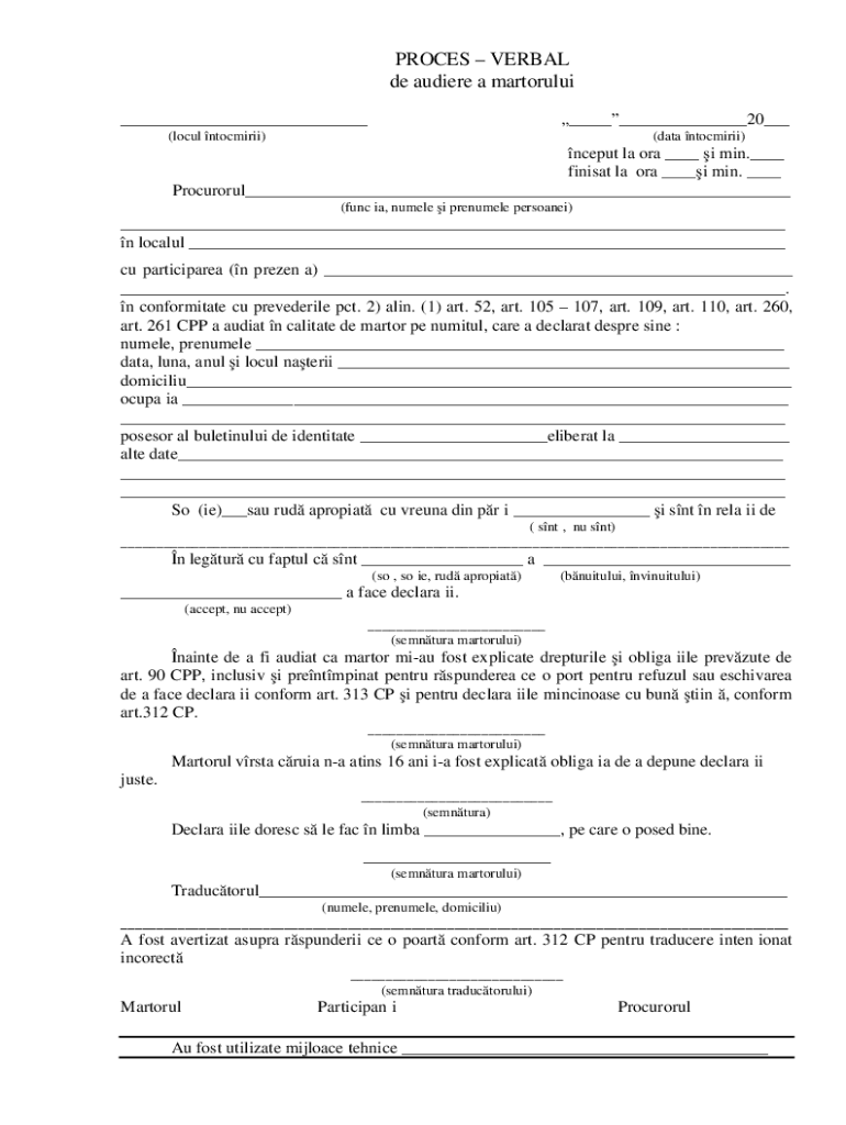 Fillable Online PROCES-VERBAL de audiere a martorului minor Procurorul ...