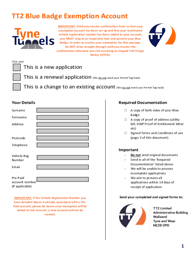 Fillable Online TT2 Blue Badge Exemption Account - Tyne Tunnels Fax ...