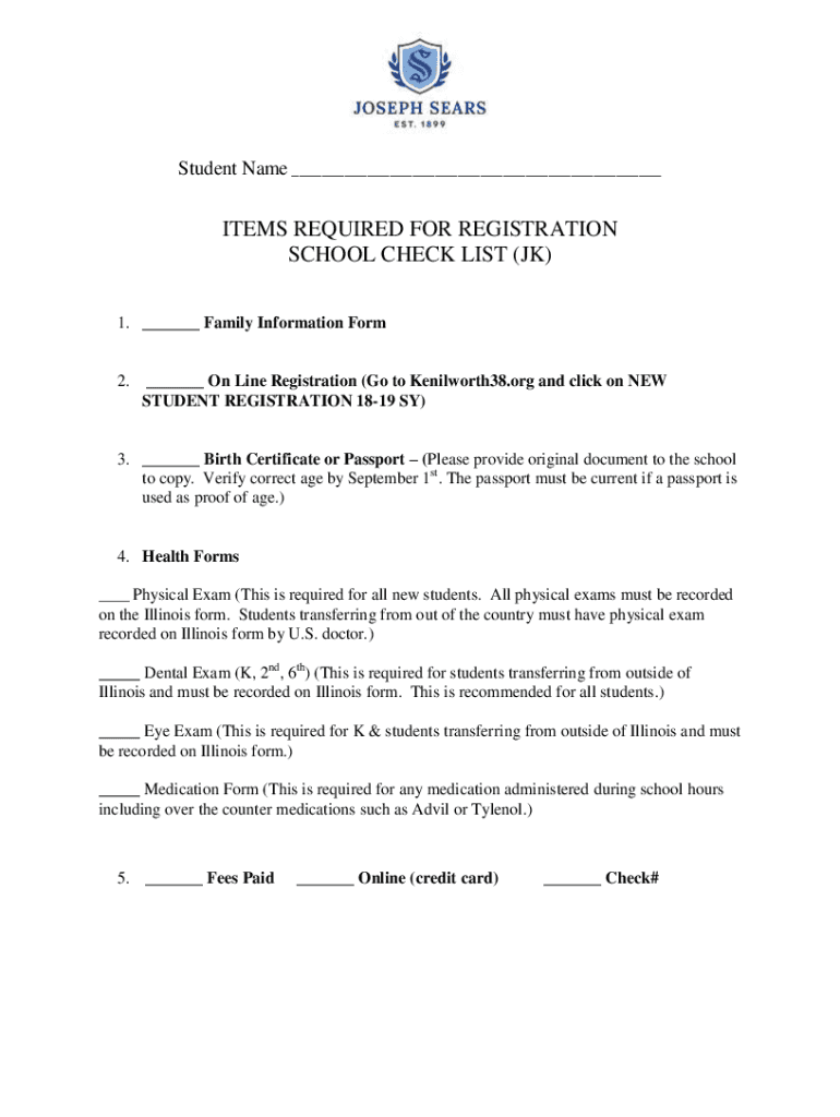 Fillable Online New Student Registration K-8 - The Joseph Sears School ...