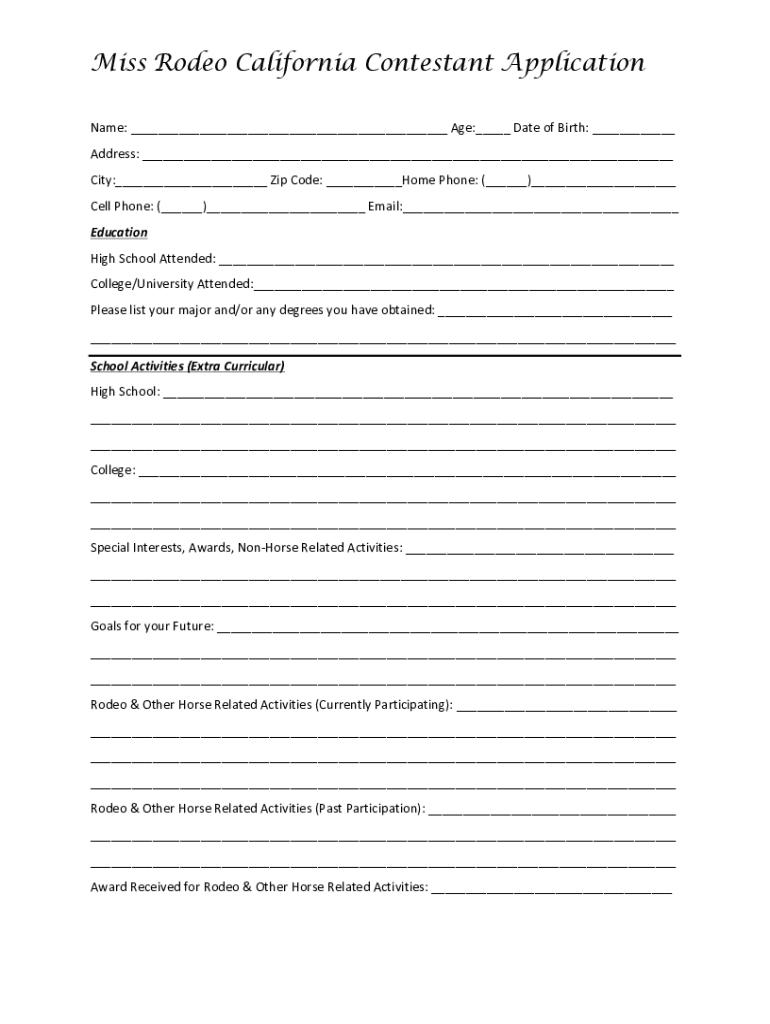 Fillable Online Miss Rodeo California Contestant Application ...