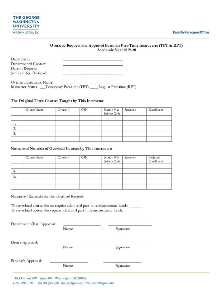Fillable Online Department Contact: Date of Request: Semester for Overload Fax Email Print ...