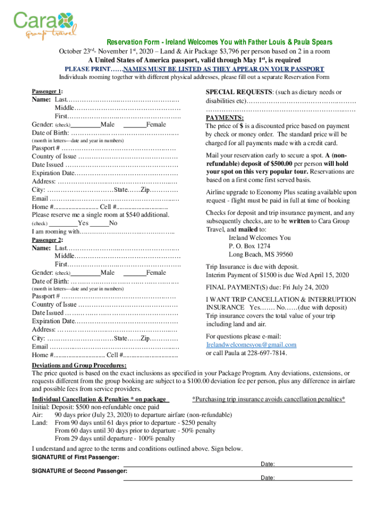 Fillable Online RESERVATION FORM Sights and Sounds of Ireland's ...