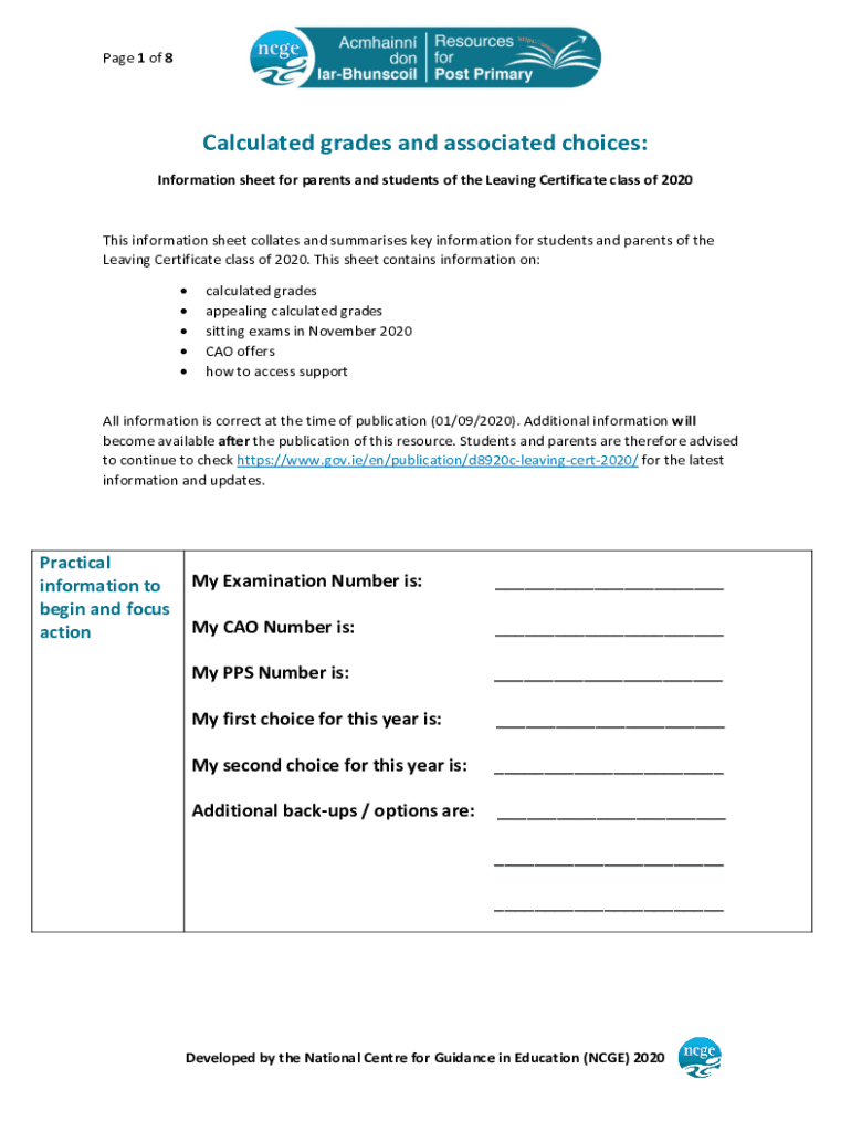 Fillable Online A Guide to Calculated Grades for Leaving Certificate ...