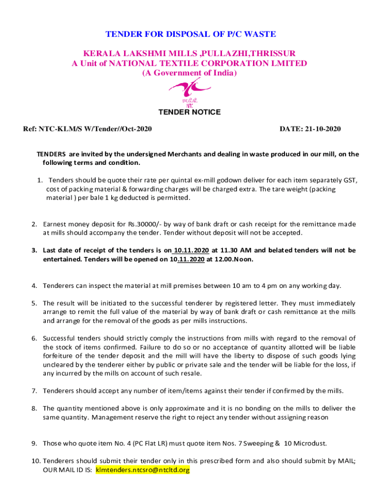 Fillable Online TENDER FOR DISPOSAL OF P/C WASTE Fax Email Print ...